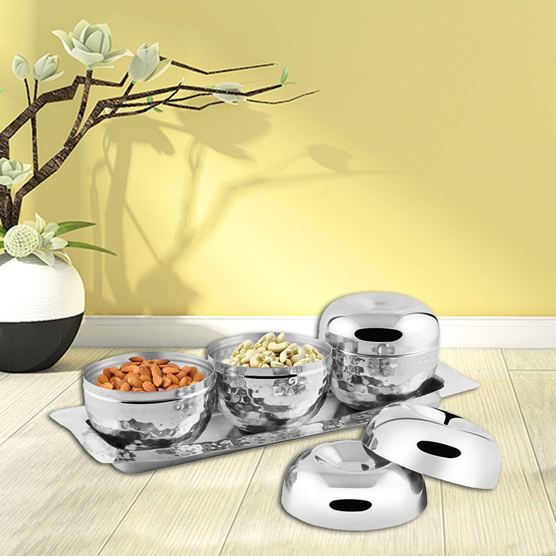 Stainless Steel Hammered Canister with Tray | Buy Serving set Online