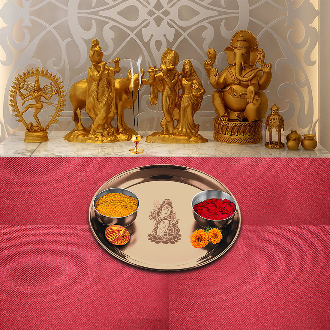 Stainless Steel Pooja Thali Set with Rose Gold PVD Coating Shiv Parvat