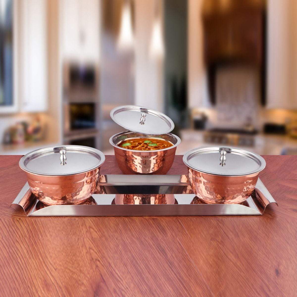 Copper Hammered Serving Bowl Set with Stainless steel lid and tray ...